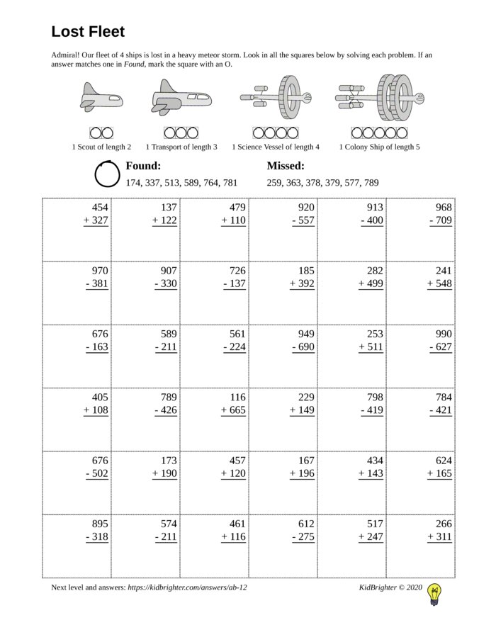Addition And Subtraction Within 1000 Worksheets Printable Word Searches