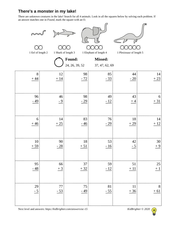KidBrighter Mixed Addition And Subtraction Worksheet For Grade 2